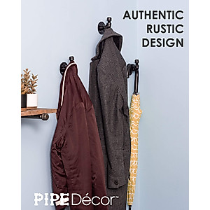 Towel and Robe Hook Set by Pipe Decor, Heavy Duty DIY Style, Rustic and Chic Industrial Iron Pipe Electroplated Black Finish, 3 Hooks Perfect for Bathroom Towels, Robes, or Coats, Oil and Rust Free