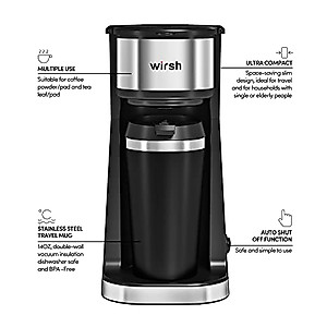 wirsh Single Serve Coffee Maker-Small Travel Coffee Maker with 14 oz.Travel Mug,Single Cup Coffee maker with Reusable Coffee Filter,Non-Pod Coffee Maker,Black