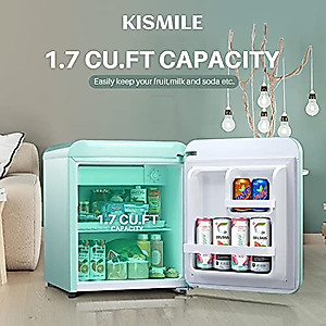 Kismile Retro Mini Fridge with Freezer, 1.7 cu. ft. small Refrigerator with Removable Shelves, Mechanical Control, Recessed Handle, Small Fridge for bedroom, Office, Apartment(Green)