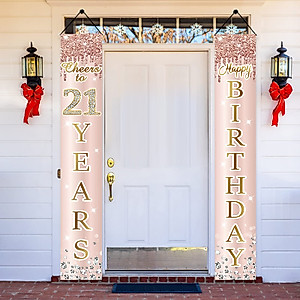 Happy 21st Birthday Door Banner Backdrop Decorations for Women, Pink Rose Gold 21 Birthday Door Cover &Porch Sign Party Supplies, 21 Year Old Birthday Decor
