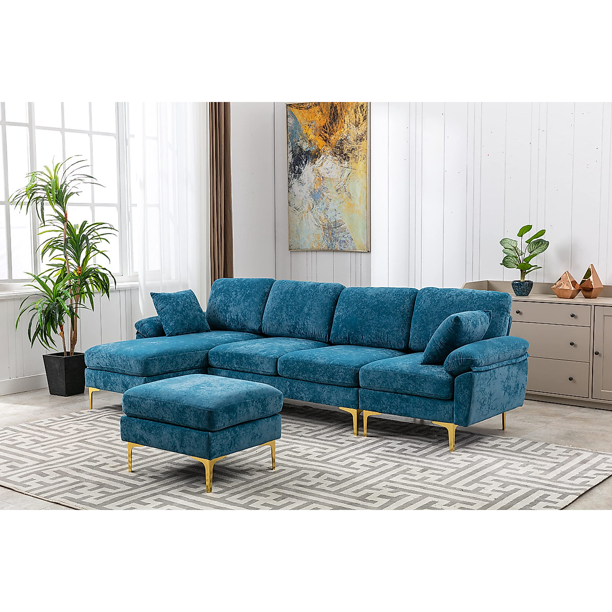 Goohome Sectional Sofá, Modern Velvet Upholstered 4-6 Seater w/Ottoman, Convertible Left and Right Side Chaise Lounge Couch, for Large Space,Living Room, Apartment, Home, L/U-Shaped Sofa, Teal Blue