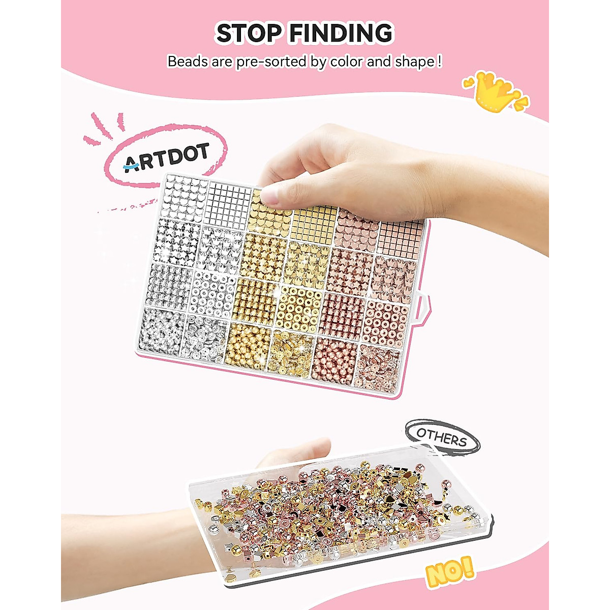 ARTDOT Gold Beads for Jewelry Bracelets Making, 1740 PCS 8 Styles Spacer Beads Kit (Gold, Sliver, Rose Gold)