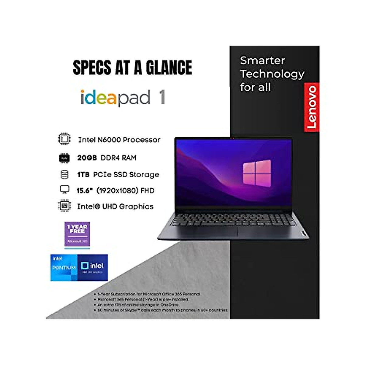 LENOVO 2022 IdeaPad 1 15.6" FHD Laptop, Intel Pentium Silver N6000 Processor, 20GB RAM, 1TB PCIe SSD, 720P HD Webcam, Dolby Audio, 1 Year Office, Blue, Win 11, 32GB Snowbell USB Card