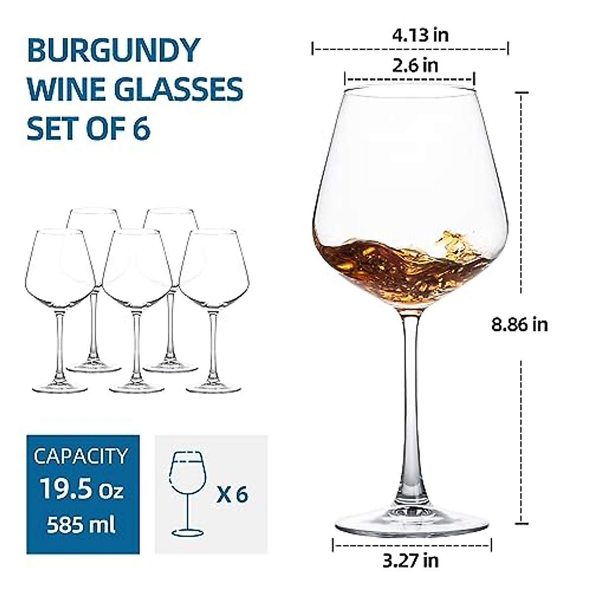 Red Wine Glasses Set of 6, 19.5 oz Burgundy Wine Glasses for Red or White Wine, Stemmed Wine Glasses, Ideal for Wine Tasting, Anniversary, Wedding - Clear