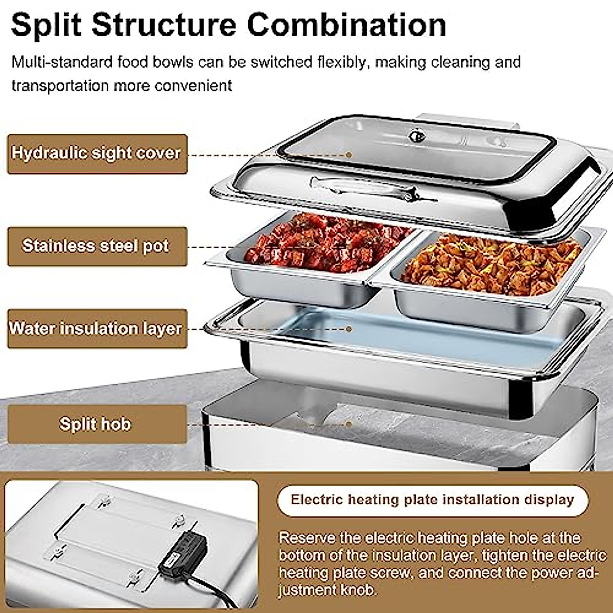 Electric Chafing Dish, Food Warmer for Buffet, Party Warming Trays with Viewing Glass Cover, Easy Clean Stainless Steel - Temperature Control(Size:3 grids)
