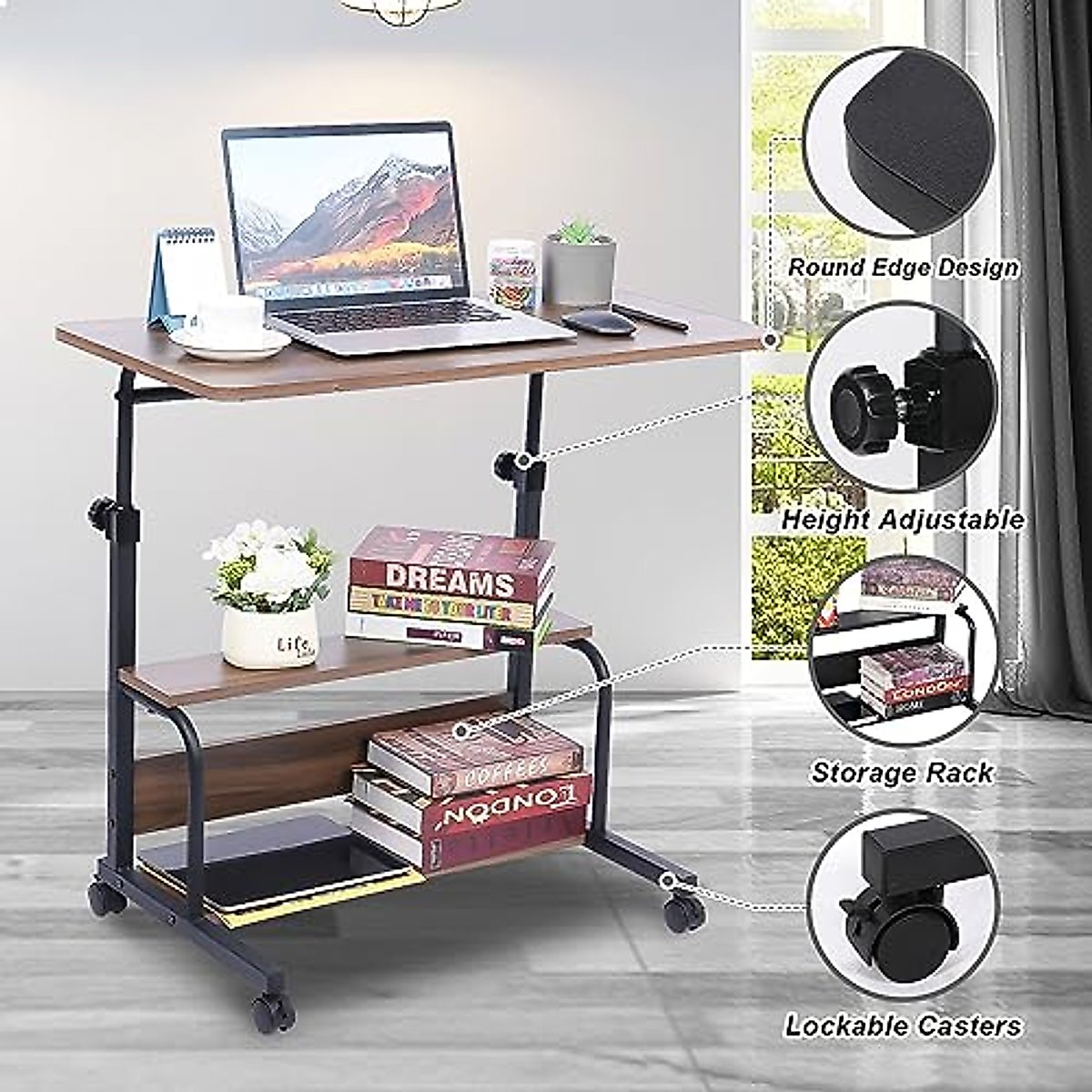 Portable Desk Small Desks for Small Spaces Laptop Table Brown Rolling Adjustable Desk on Wheels Mobile Couch Desk for Bedroom Home Office Computer Standing Desk Student Desk with Storage 32x16 Inch