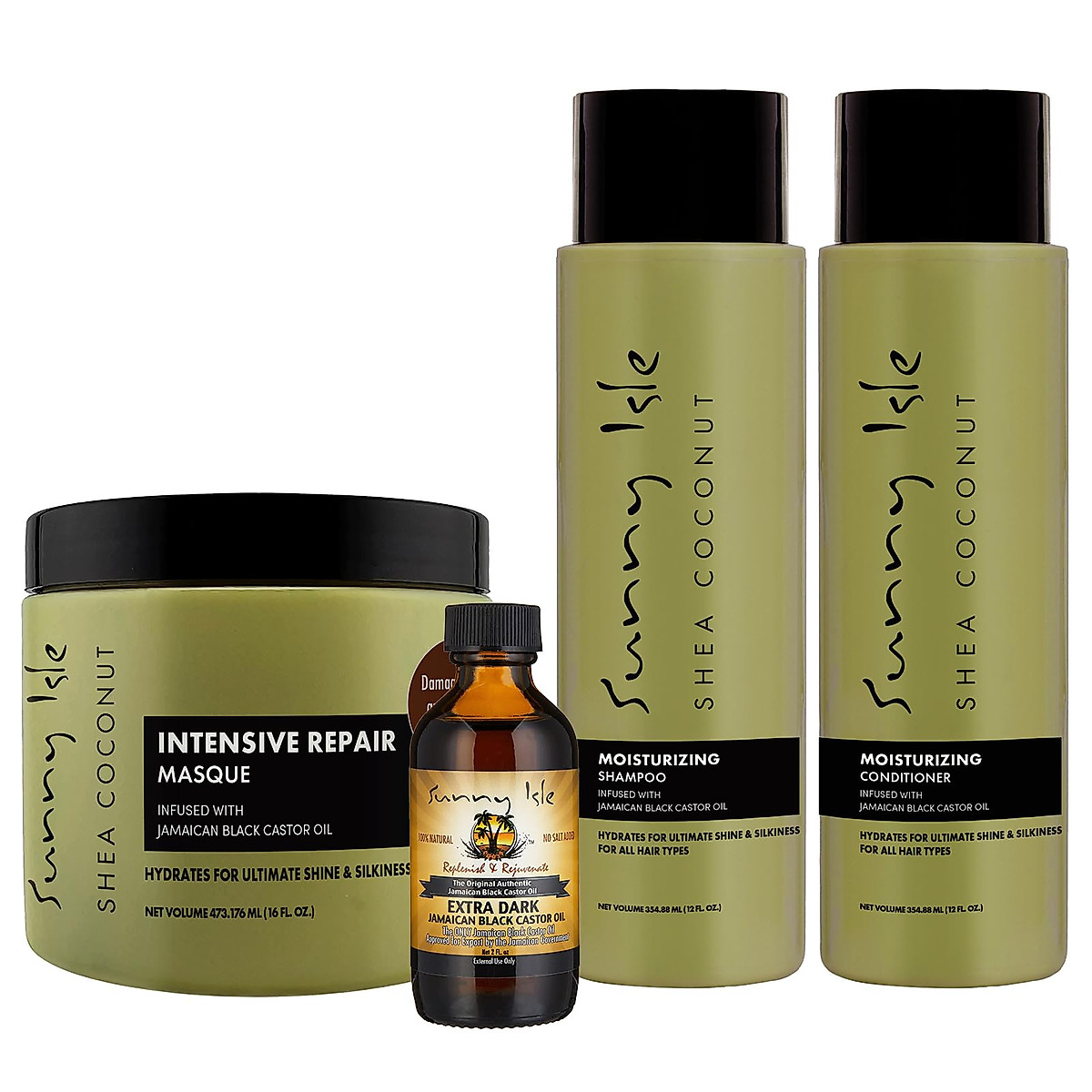 Sunny Isle Shea Coconut Moisturizing Shampoo and Conditioner 12oz, Intensive Repair Masque 16oz, Extra Dark JBCO 2oz (4-Piece) Bundle | Deep Hydration - Curly Wavy Coils