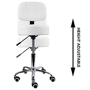 KKTONER Round Rolling Stool with Back PU Leather Height Adjustable Swivel Drafting Work SPA Salon Stools Chair with Wheels White