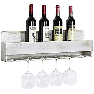 MyGift Rustic Whitewashed Wood Wall Mounted Wine Bottle Holder Shelf and Wine Glass Holder Stemware Storage