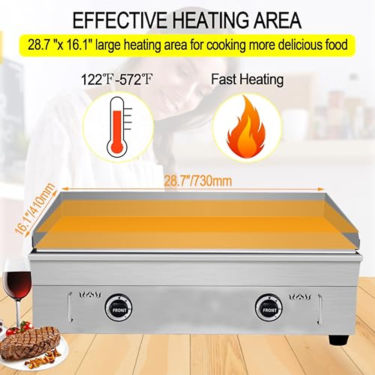 TECHTONGDA LPG Gas Countertop Flat Top Griddle Commercial Stainless Steel Griddle Grill Hot Plate BBQ Teppanyaki Grill with Adjustable Temperature Control for Restaurant Kitchen 2800Pa 28.94x16.14 in