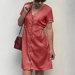 Dress for Women, Women's Sumemr Short Sleeve V-Neck Button Down Solid Skirt Casual Mini Dress(Red, XL)