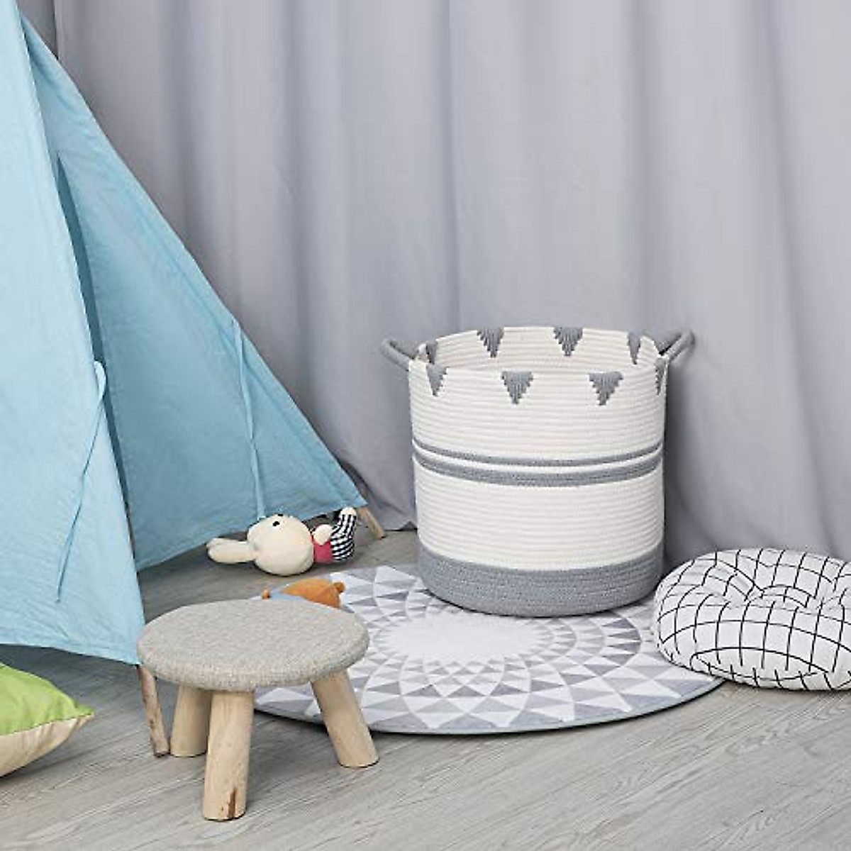 Large Storage Woven Basket, Decorative Basket for Toys, Blankets,Laundry, Towel, Magazine, Baby Nursery Basket by Braided Crown (Beige-Gray)