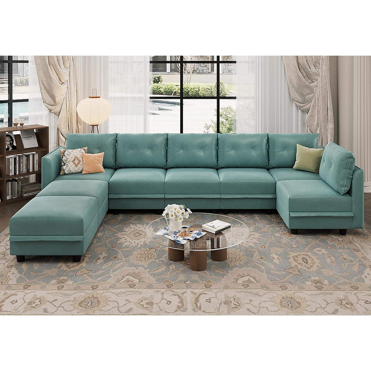 LLappuil Modular Sectional Sofa with Reversible Chaise, U Shaped Couch with Storage, Modern Faux Leather Fabric Sofa with Ottoman, Oversized Sectionals for Living Room, 8 Seat, Aqua Blue
