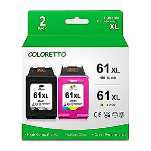 COLORETTO Remanufactured Printer Ink Cartridge Replacement for HP 61XL to use with Envy 4500 5530 5535 Deskjet 1510 1512 3050 3050A Officejet 2620 4630 (1 Black+1 Color) Combo Pack