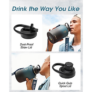 Coolflask 64 oz Water Bottle Insulated with Strap, Half Gallon Water Jug Stainless Steel with Straw & Spout Lids, Metal Large Water Flask, Keep Cold 48h Hot 24h, Leak Proof & Non-BPA, Prussian Blue