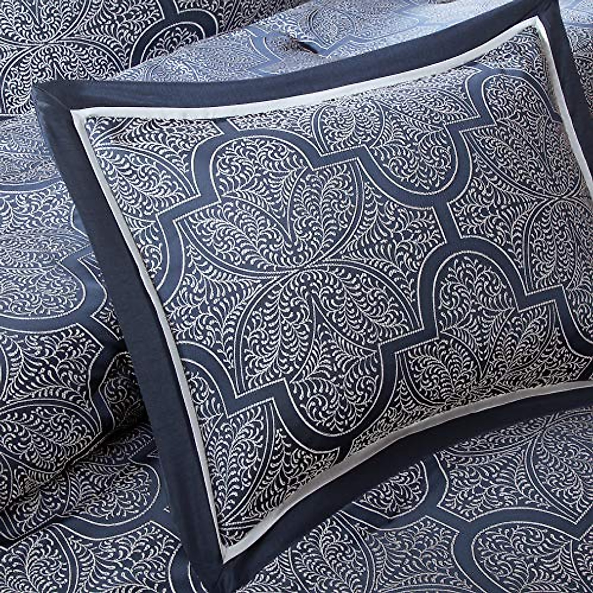 Madison Park Medina Comforter Set-Casual Jacquar Damask Design All Season Cozy Bedding, Matching Bedskirt, Shams, Decorative Pillows, Queen (90 in x 90 in), Damask Navy 8 Piece