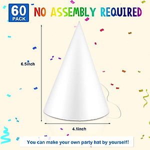 60 Pieces White Party Cone Hats Party Paper Cone Hats White Party Paper Hats for Adults DIY Art Craft Birthday Party Supplies, 6.5 x 4.1 Inch