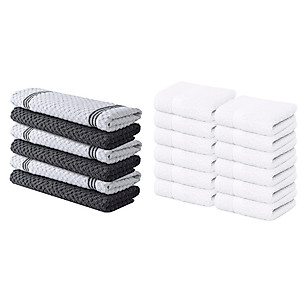 Infinitee Xclusives Kitchen Towels – Pack of 6, 100% Cotton 15x25 Inches Absorbent Dish Towels - 425 GSM Tea Towel, Terry Kitchen Dishcloth Towels + White Washcloths Set – Pack of 12