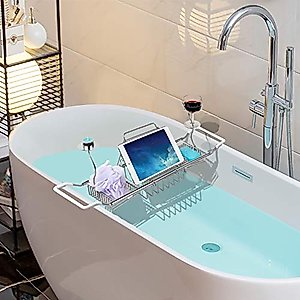 iPEGTOP 304 Stainless Steel Bathtub Caddy Tray Expandable Bath Organizer, Tub Shelf for Reading with Book and Wine Rack, Candleholder