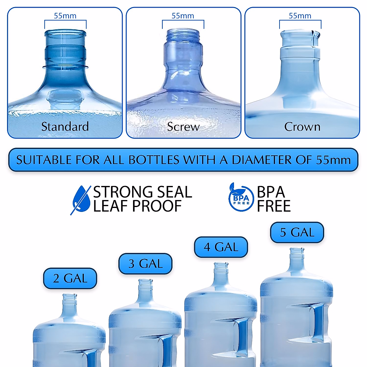 EBOS 3 and 5 Gallon Water Jug Cap, Reusable Water Bottle Cap, 55mm Silicone Non Spill Replacement Cap, Anti Splash Water Bottles and Water Dispenser Caps (3), 5G-111