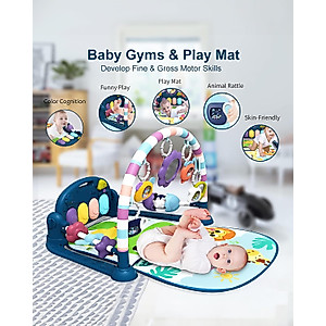 dearlomum Baby Play Mat Baby Gym,Funny Play Piano Tummy Time Baby Activity Mat with 5 Infant Sensory Baby Toys, Music and Lights Boy & Girl Gifts for Newborn Baby 0 to 3 6 9 12 Months（New Blue）