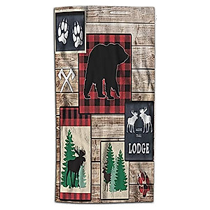 WONDERTIFY Animal Lodge Hand Towel Bear Moose Buffalo Plaid Band Deer Cabin Vintage Wooden Board Hand Towels for Bathroom, Hand & Face Washcloths 15X30 Inches