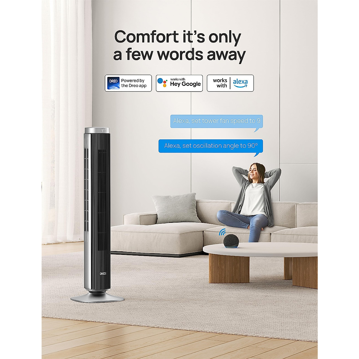 Dreo Tower Fan Plus Portable Table Fan – Smart Voice Control, Quiet DC Cooling, Wide Oscillation, Energy Saving Modes