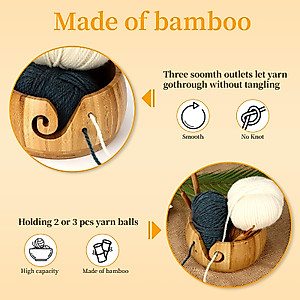 Yarn Bowl Holder, Wooden Craft Knitting Bowl for Crochet with 8pcs Metal Hooks, 6.7"Crochet Storage Organizer Knitting Accessories (bamboo)