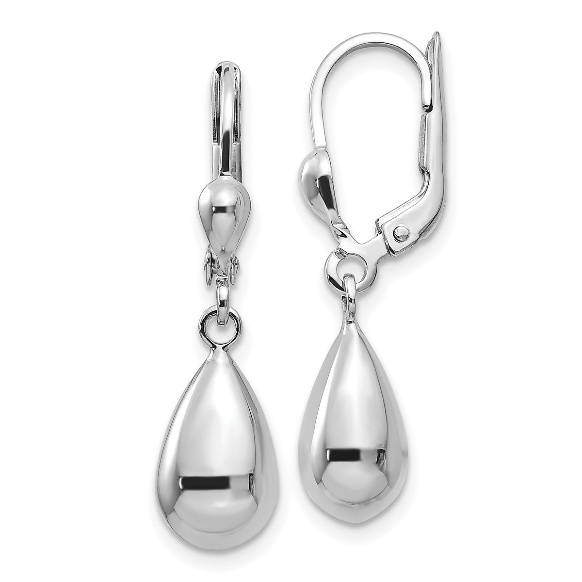 Polished Fancy Teardrop Dangle Leverback Earrings in Real 14k White Gold 8 mm x 30 mm