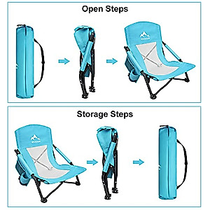 Oileus Low Beach Chair for Beach Tent & Shelter & Camping | Outdoor Ultralight Backpacking Folding Recliner Chairs with Cup Holder and Storage Bag, Carry Bag, Breeze Mesh Back, Compact Duty Blue 1 Pcs