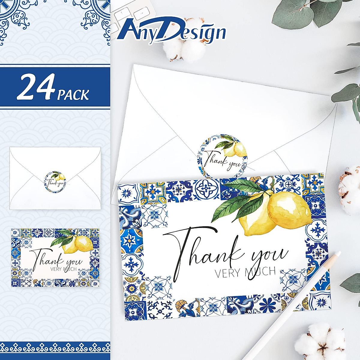 AnyDesign Lemon Thank You Cards Bulk 24 Pack Thank You Note Cards with Matching Seal Stickers Envelopes Blue Tiles Lemon Greeting Cards for Baby Shower Wedding Birthday Bridal Party and All Occasion