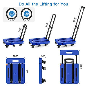 Homaisson Folding Hand Truck, Heavy Duty Dolly Cart for Moving, 550 LBS Hand Truck with 6 Wheels & 2 Rope for Luggage, Moving, Shopping, Office Use (Blue)