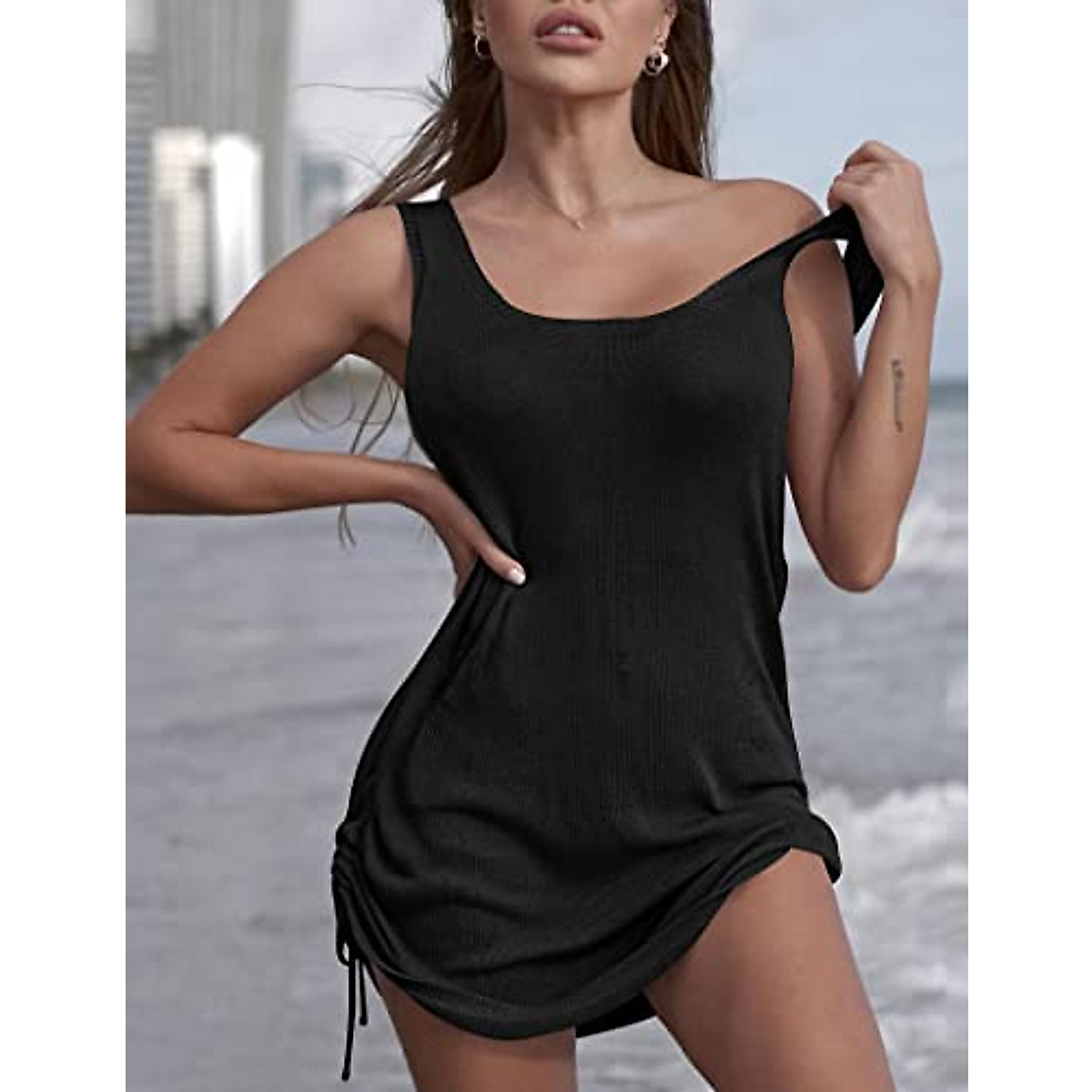 AI'MAGE Women Coverups Beach Bikini Dress Crochet Tank Dress with Drawstring Black Medium