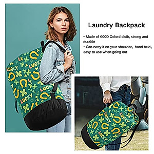 Oyihfvs St Patrick's Day Clover, Branch, Horseshoe, Letters and Quatrefoil Backpack Laundry Bag, Laundry Backpack with Shoulder Straps, Waterproof Nylon Clothes Hamper Bag for Men Women Yoga Backpack