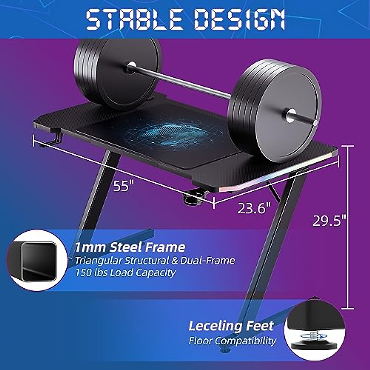 Kemon Gaming Desk with LED Lights, Z Shaped PC Gaming Table Computer Desk Ergonomic Home Office Desks, Carbon Fibre Surface Gamer Workstation with Mouse Pad, Cup Holder and Headphone Hook (63 inch)