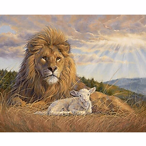 FlashPhoenix Quality Sewing Fabric – 35 x 44 Inches Panel | Digital Dawning of New Day Lion Lamb Religious