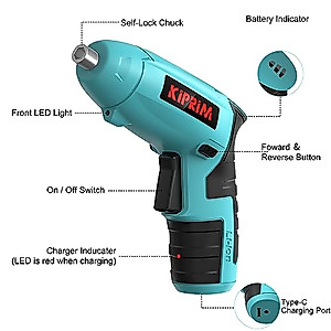 Small 4V Electric Screwdriver,Kiprim ES3 Cordless Screwdriver Tool with Rechargeable Battery,LED Front Light & Power Display Light for Home DIY Blue