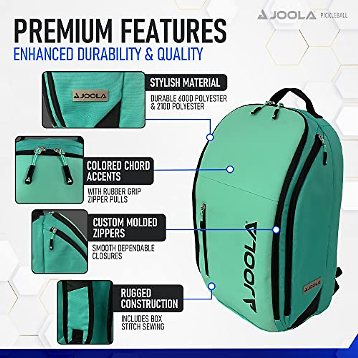 JOOLA Vision II Pickleball Bag - Teal Backpack Holds 8 Pickleball Paddles Plus Side Pockets For Pickleball Balls - Separate Ventilated Compartment for Shoes, Interior & Exterior Accessory Pockets