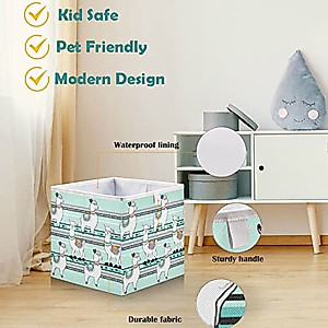 visesunny Closet Baskets Cute Cartoon Llama Blue Pattern Storage Bins Fabric Baskets for Organizing Shelves Foldable Storage Cube Bins for Clothes, Toys, Baby Toiletry, Office Supply