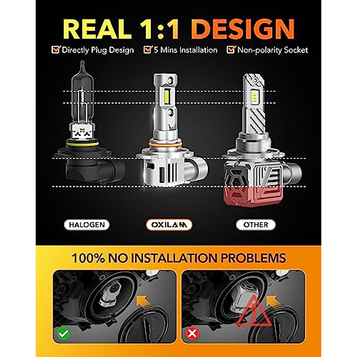 OXILAM 2023 Upgraded 9012 HIR2 LED Bulb, 16000LM 500% Brighter, 1:1 Size as Halogen Bulbs, 6500K Cool White Wireless Plug and Play LED Conversion Kit for High and Low Beam, 2 Pack