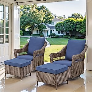PLANNTONNEO Patio Furniture Set Outdoor Rattan Wicker Swivel Rocking Chairs 4 Piece Conversation Set with Soft Cushion and Ottoman for Balcony Garden Deck Backyard Porch, Blue