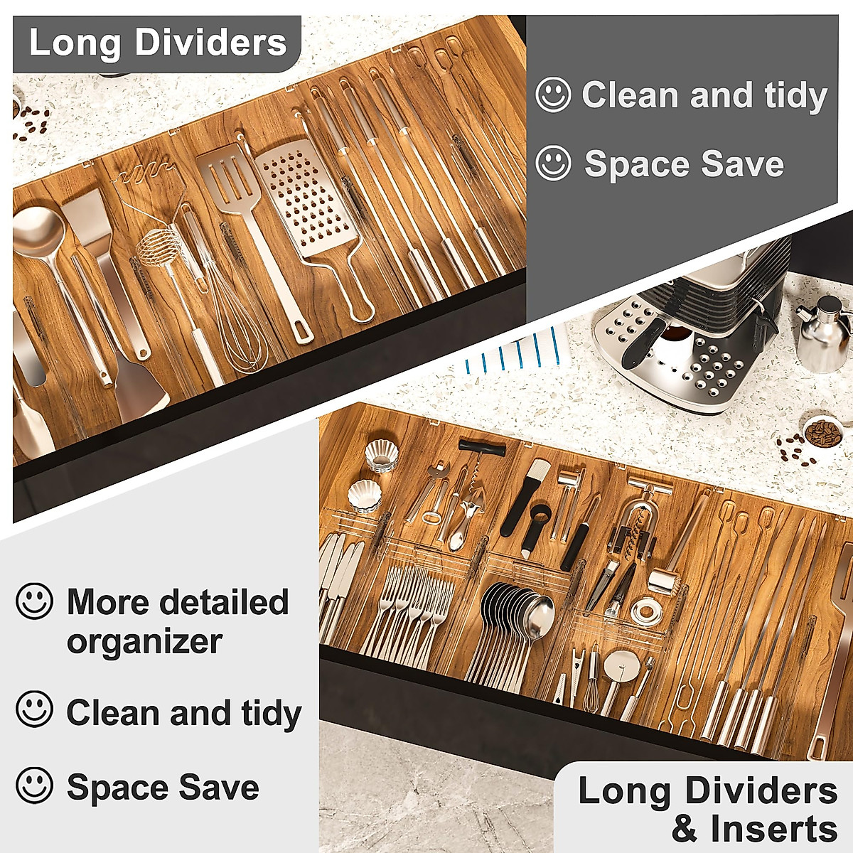 HiYZ Expandable Drawer Dividers with Inserts - 2.36'' High Adjustable Drawer Organizers Separators for Kitchen, Bedroom, Dresser, Office, 5 Long Dividers(12.6-22.8'') with 10 Inserts(3.9-7.1'')-Clear