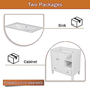 30 Inch Bathroom Vanity Cabinet with Ceramic Sink, Drawers and Doors, Adjustable Shelf, Solid Wood Frame, Modern Style