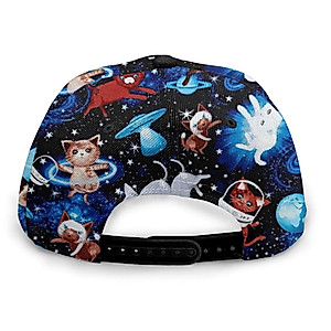 antkondnm Space Cats Space Flat Bill Brim Cap, Cool Hip Hop Trucker Hat Men Women Adjustable Baseball Caps Black