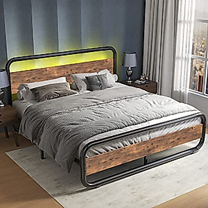 Catrimown Queen Size Bed Frame, Metal Queen Bed Frame with Led Headboard and Footboard, Rustic Heavy Duty Wooden Platform Bed Frame with Under Bed Storage, Noise Free, No Box Spring Needed