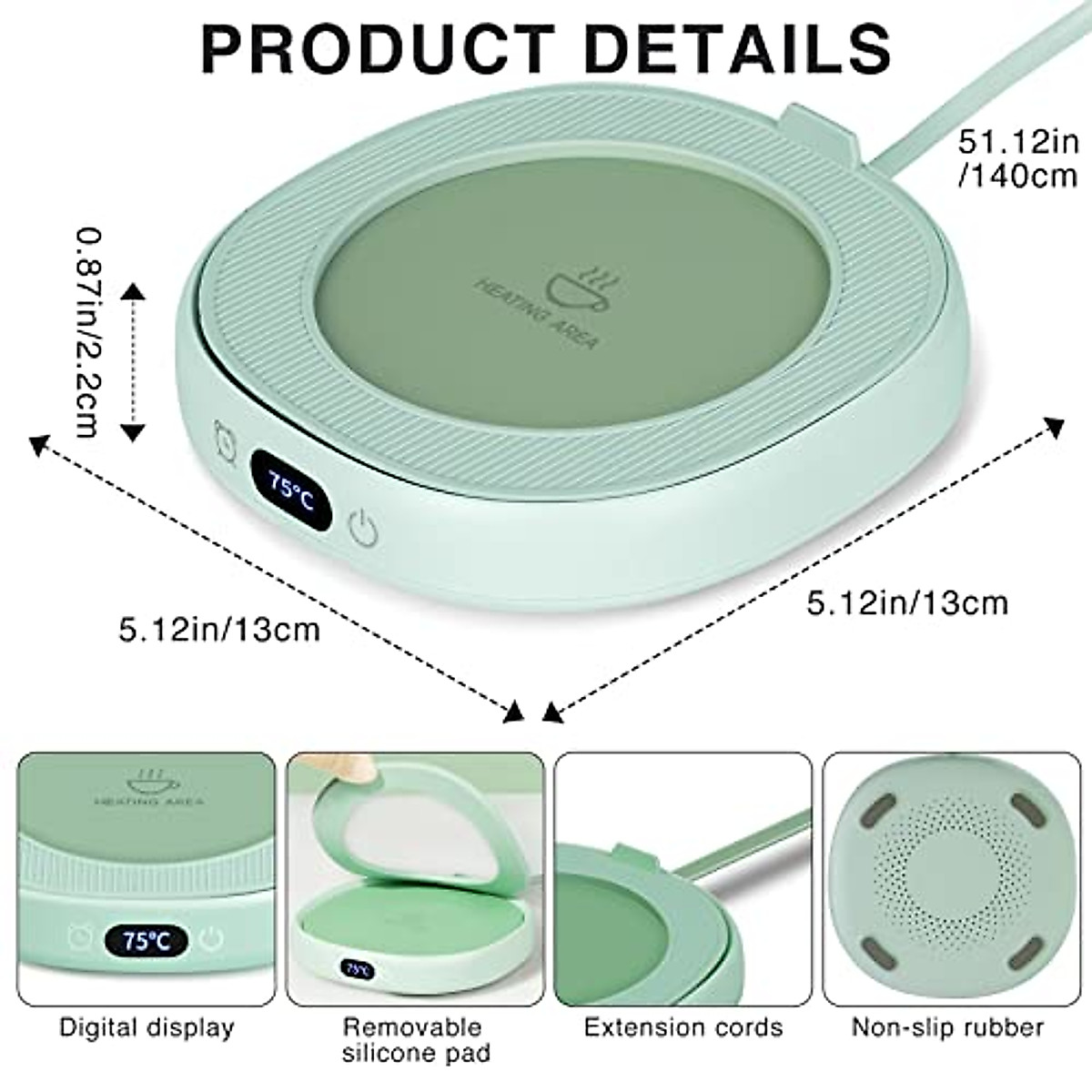 DUHEL Smart Coffee Mug Warmer for Drinks and Food,Candle Warmer Plate,Large Panel Heating Diameter Up to 130mm.Can be Used to Warmer Coffee,Milk,Tea,Cake,Egg Tarts,Candle Etc.(Green)