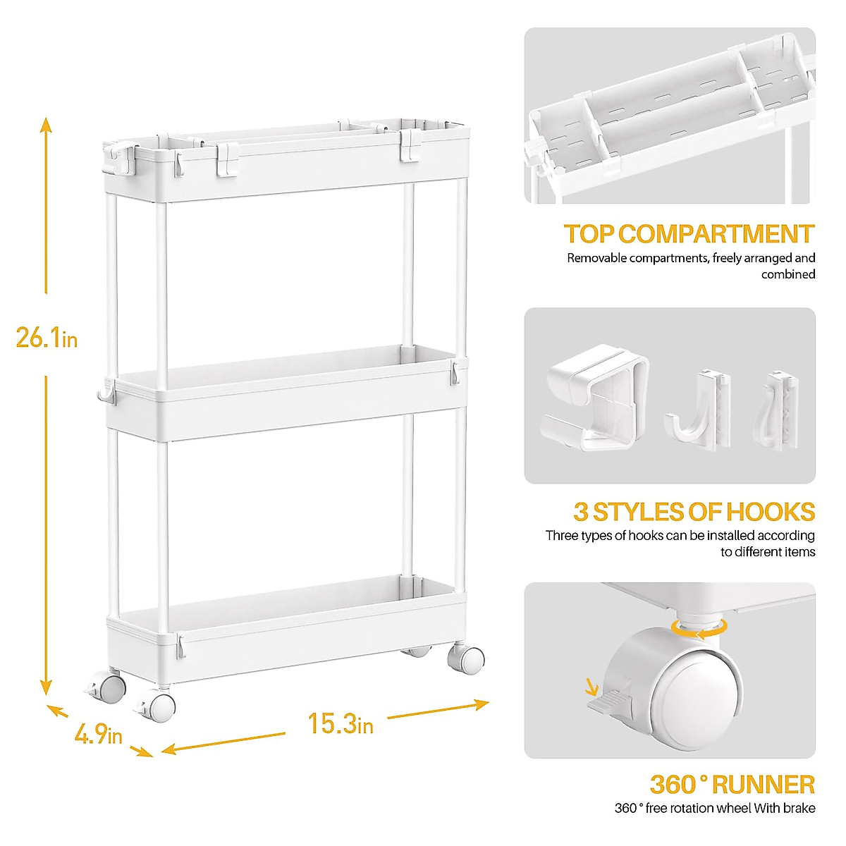 SPACELEAD Slim Storage Cart,3 Tier Bathroom Rolling Utility Cart Storage Organizer Slide Out Cart, Mobile Shelving Unit Organizer trolley for Office Bathroom Kitchen Laundry Room Narrow Places, White