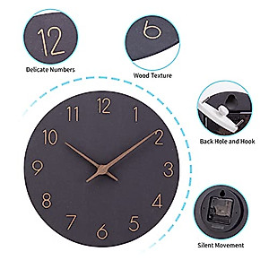 Wall Clock - 12 Inch Silent Wall Clocks Battery Operated Non-Ticking Simple Modern Wood Black Decorative Retro Clocks Decor for Bedroom Living Room Kitchen Home Office Bathroom