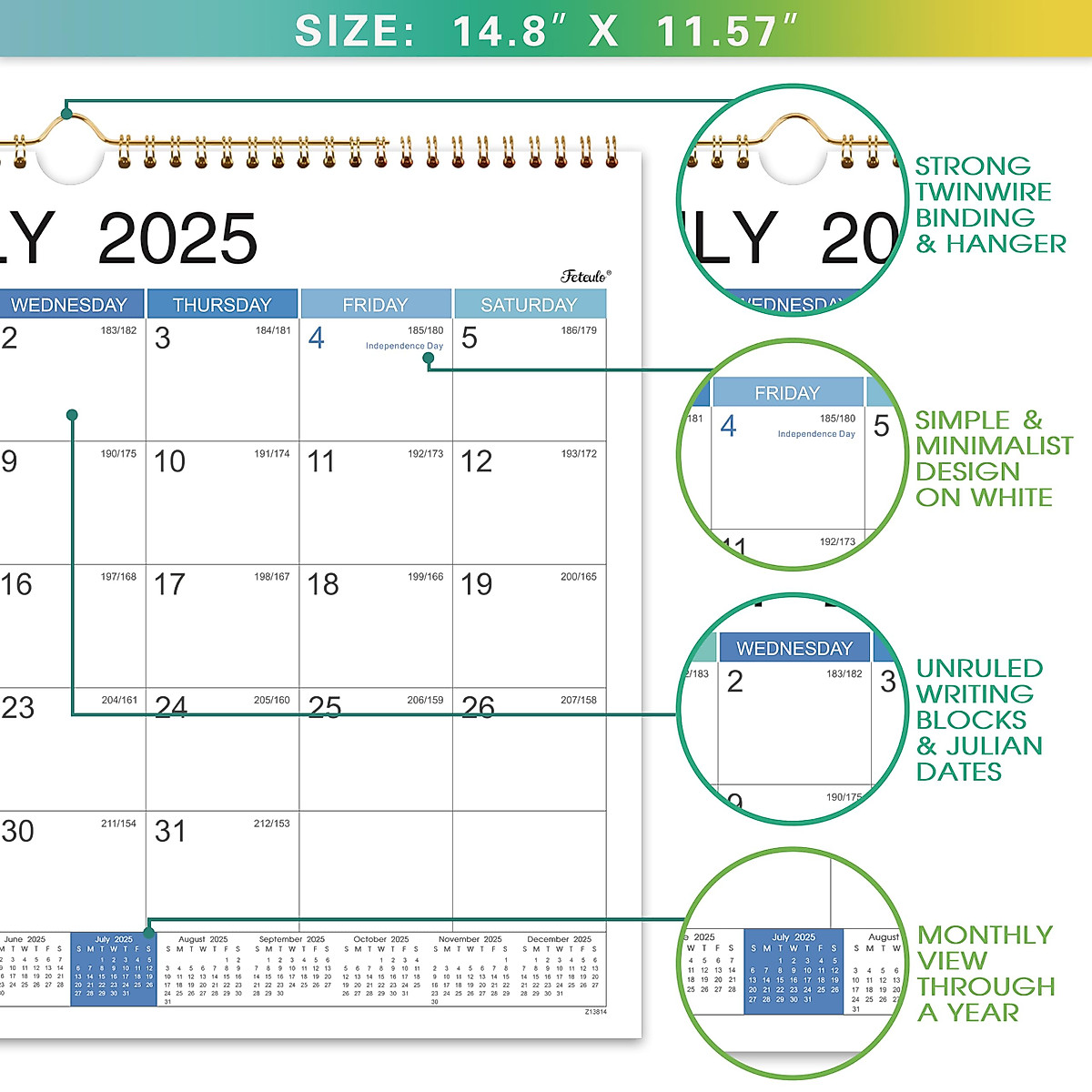 2025-2026 Wall Calendar - Jul 2025 - Dec 2026, 18 Monthly Hanging Calendar 2025-2026 Planner, 15" x 11.5", Spiral Binding, Yearly Overview, Holidays, Large Blocks, Perfect Organizer for Home & Office