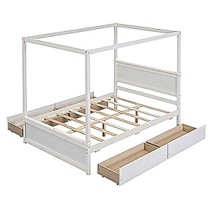 Wood Canopy Bed with 4 Storage Drawers, Full Size Canopy Platform Bed Frame with Headboard & Footboard for Kids Girls Boys, No Box Spring Needed (Brushed White)